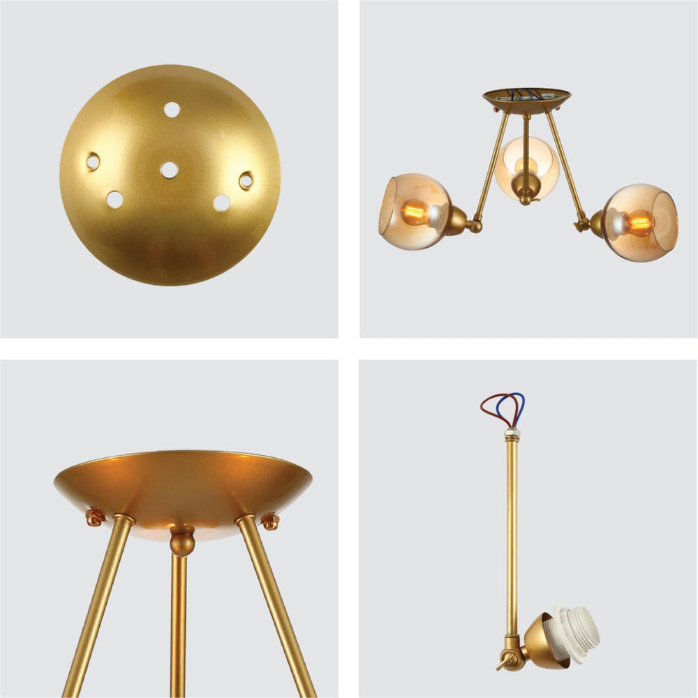 Gold Hinged Metal Amber Dome Glass Ceiling Light with E27 Fittings | TEKLED