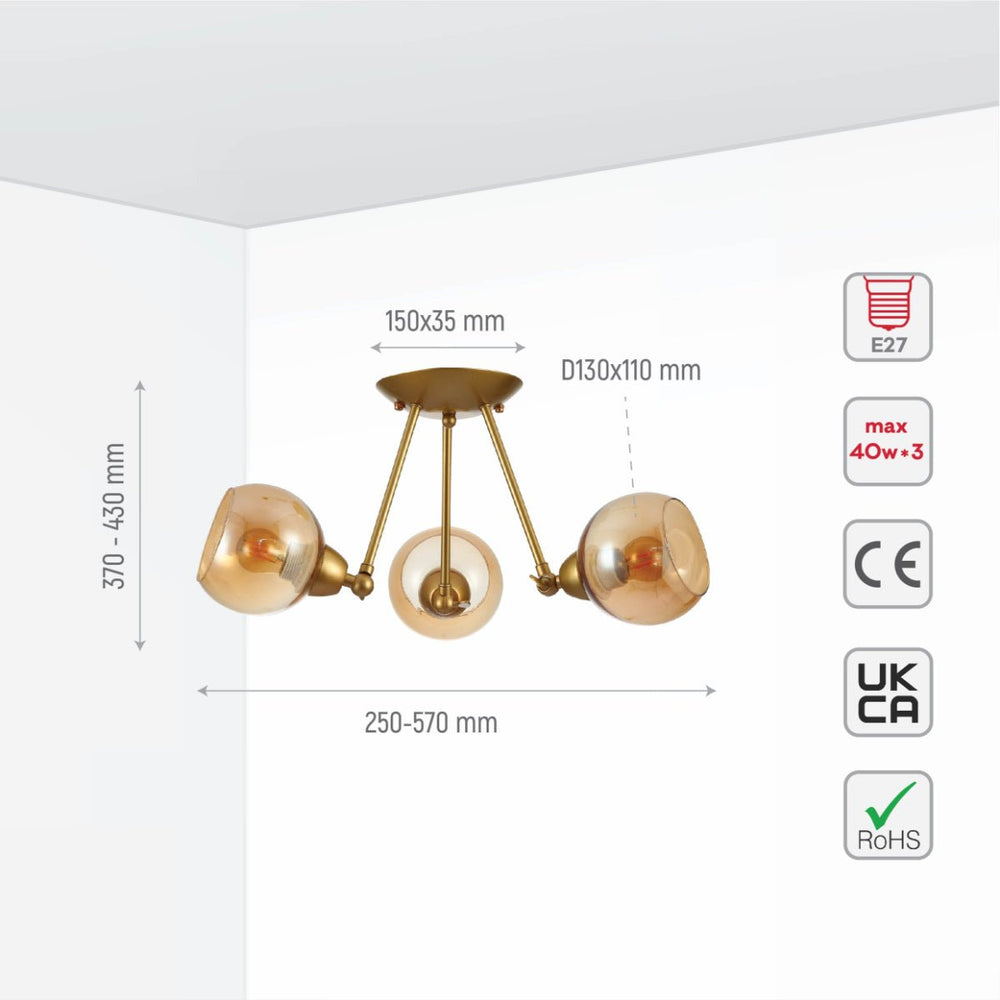 Gold Hinged Metal Amber Dome Glass Ceiling Light with E27 Fittings | TEKLED