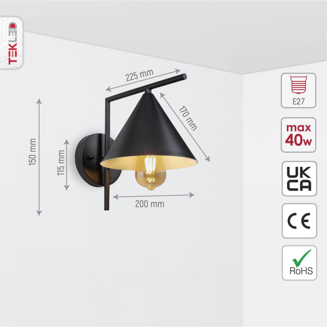 Metal Funnel Wall Light with E27 Fitting Gold Black | TEKLED