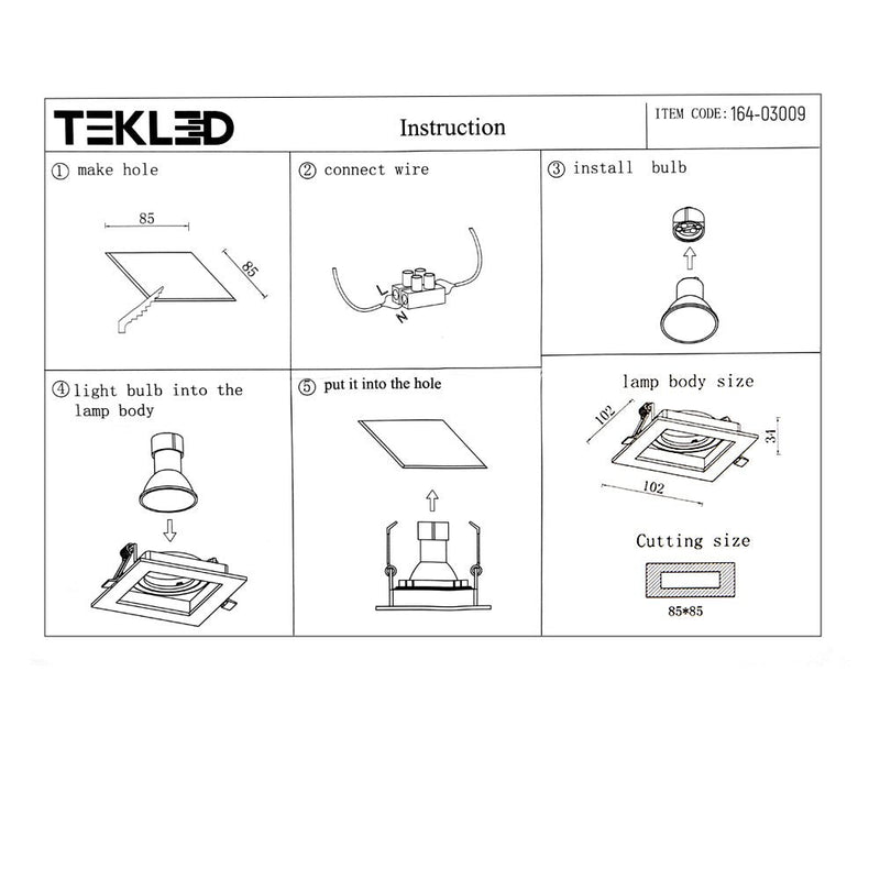 Polycarbonate Grill Tilt Recessed Downlight GU10 White or Black Single ...